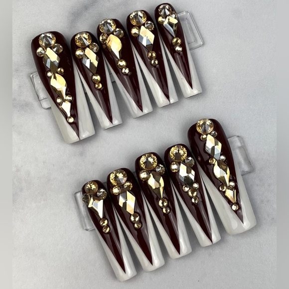 Handmade | Makeup | Extra Long Square Press On Nails Black White French ...